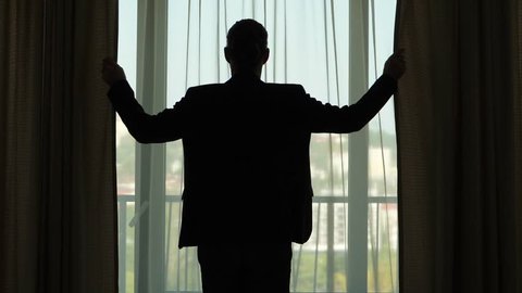 Man Come Window Close Dark Curtains Stock Footage Video (100% Royalty ...