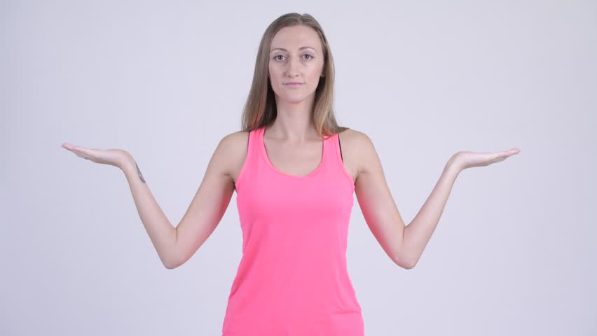 portrait happy blonde woman comparing something Stock Footage Video ...