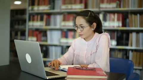 Smiling Student Girl Using Computer Library Stock Photo 447621451 ...