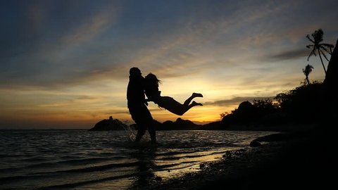 Silhouette Romantic Young Couple Spinning Around Stock Footage Video ...
