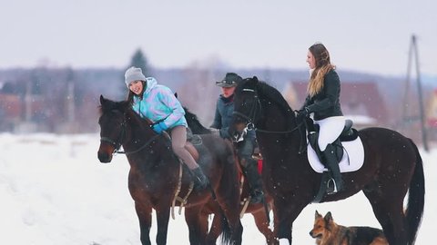 Three Women Riding Horses Village Dog Stock Footage Video (100% Royalty ...