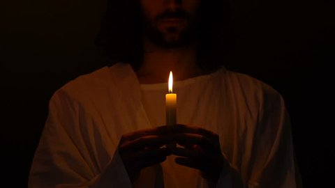 Jesus Christ Holding Burning Candle Darkness Stock Footage Video (100% ...
