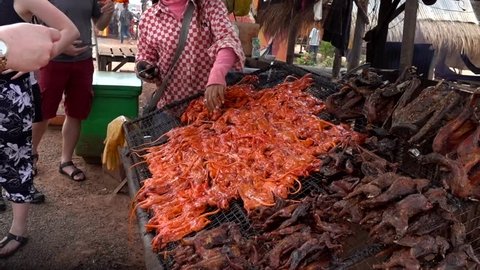 Cambodian Street Market Selling Roasted Spicy Stock Footage Video (100% ...