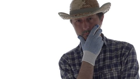 Portrait Thoughtful Farmer Contemplative Pose Hand Stock Footage Video ...