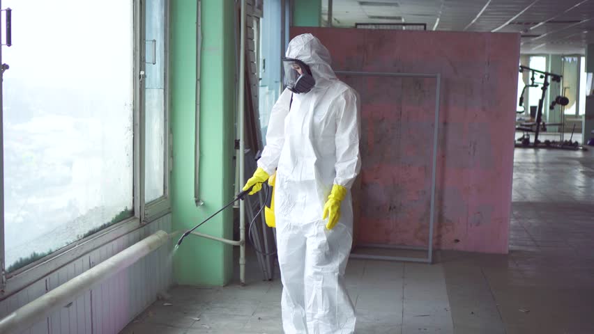 exterminator overalls protective mask carries out Stock Footage Video ...
