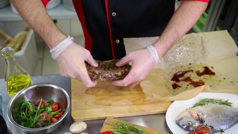Chef Working Kitchen Butter Dripping Fried Stock Footage Video (100% ...