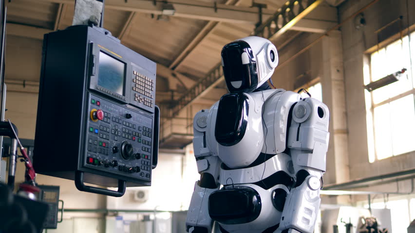 robot pushing button under supervision worker Stock Footage Video (100% ...