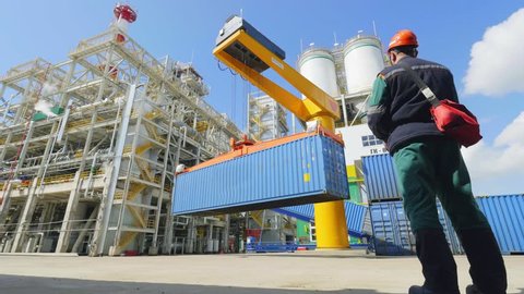 Worker Controls Loading Crane Transporting Large Stock Footage Video ...