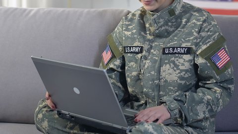 Happy Military Woman Talking Family Laptop Stock Footage Video (100% ...