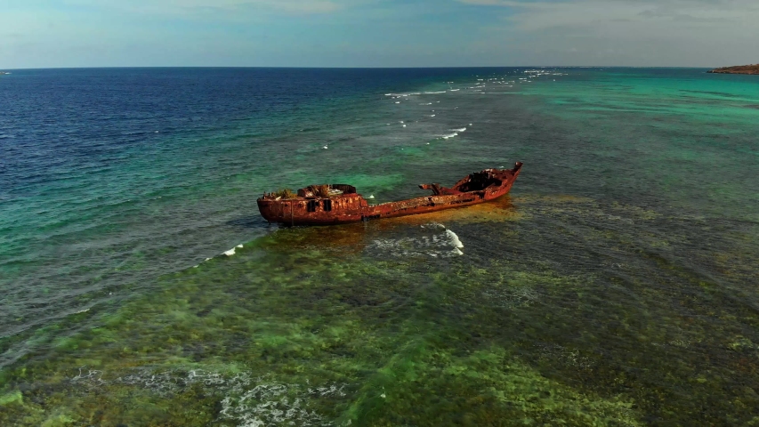 amazing aerial shipwreck on shallow reef Stock Footage Video (100% ...