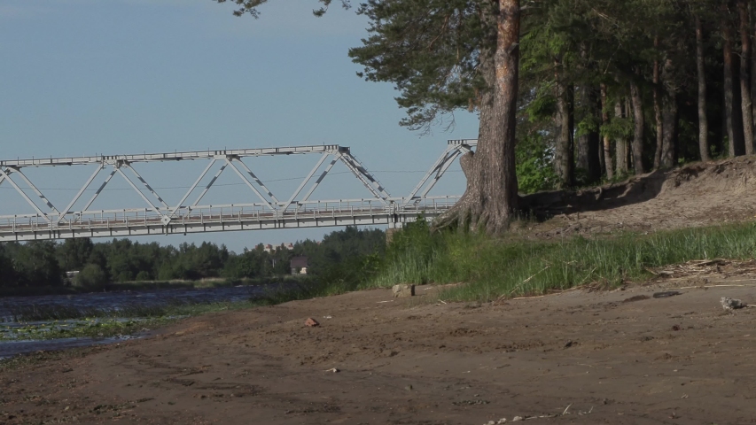 Iron Road Bridge Over River Summer Stock Footage Video (100% Royalty ...