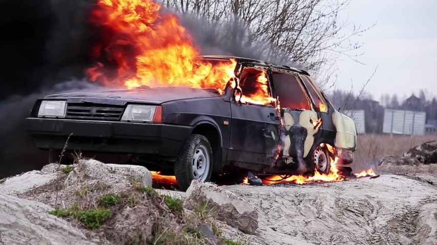 burning car totally burned action Stock Footage Video (100% Royalty ...