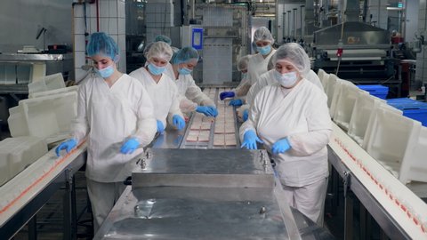 Factory Workers Pack Products Into Plastic Stock Footage Video (100% ...