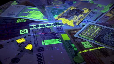 Banknotes Different Countries Uv Light Fluorescence Stock Footage Video ...