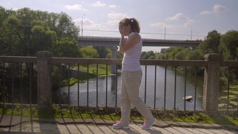 Upset Woman Crying Walking On Bridge Stock Footage Video (100% Royalty ...