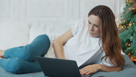 Concentrated Casual Woman Laying Laptop Bedroom Stock Footage Video ...