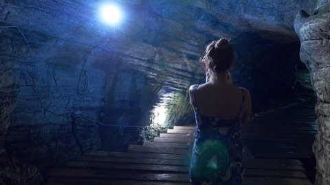 Woman Tourist Lantern Passes Inside Cave Stock Footage Video (100% ...