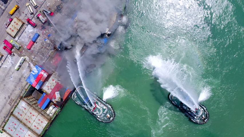 fire boat burning cargo ship harbor Stock Footage Video (100% Royalty ...