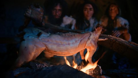 Neanderthal Homo Sapiens Family Cooking Animal Stock Footage Video (100 ...