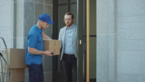 Delivery Man Takes Postal Package Customer Stock Footage Video (100% ...