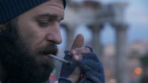 Profile Lonely Homeless Lighting Cigarette Stock Footage Video (100% ...