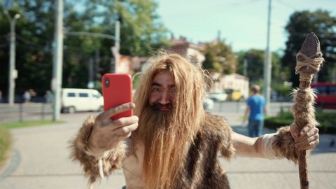 Portrait Wildman Huntergatherer Holding Modern Device Stock Footage ...