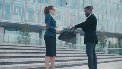 Stylish Young Colleagues Meet Hug Each Stock Footage Video (100% ...