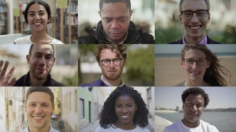 Collage Happy People Talking Smiling Camera Stock Footage Video (100% ...