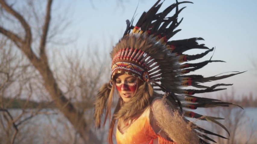 Beautiful Girl in Native Headdress Stock Footage Video (100% Royalty ...
