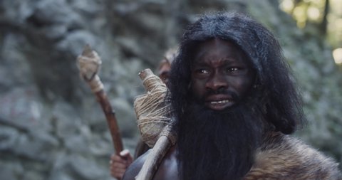 Portrait Black Angry Neanderthals Wearing Animal Stock Footage Video ...