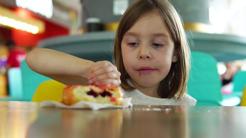 Portrait Girl Closeup Child Eats Delicious Stock Footage Video (100% ...
