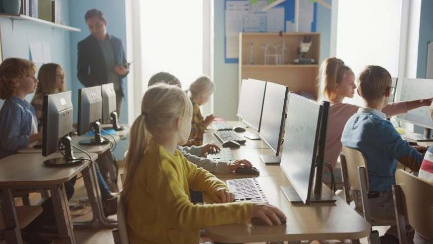 Elementary School Computer Science Classroom: Stock Footage Video (100% ...