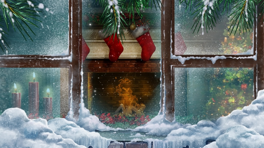 christmas fireplace through window snowfall 4k Stock Footage Video (100 ...