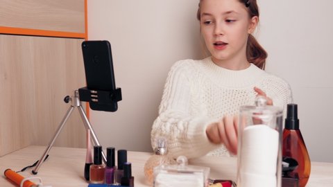 Attractive Teenager Girl Vlogging About Makeupyoung Stock Footage Video ...