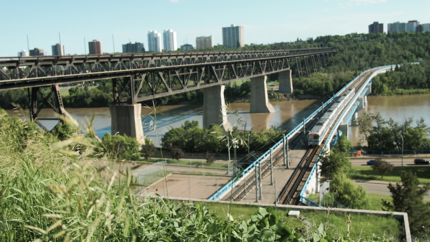 edmonton c-train goes across high level Stock Footage Video (100% ...