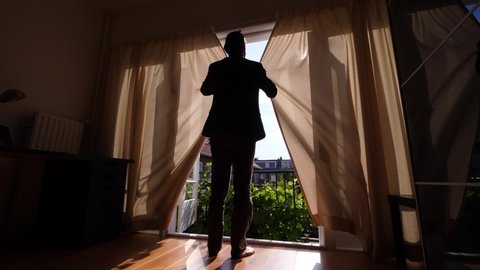 Man Close Curtains Full Height Open Stock Footage Video (100% Royalty ...