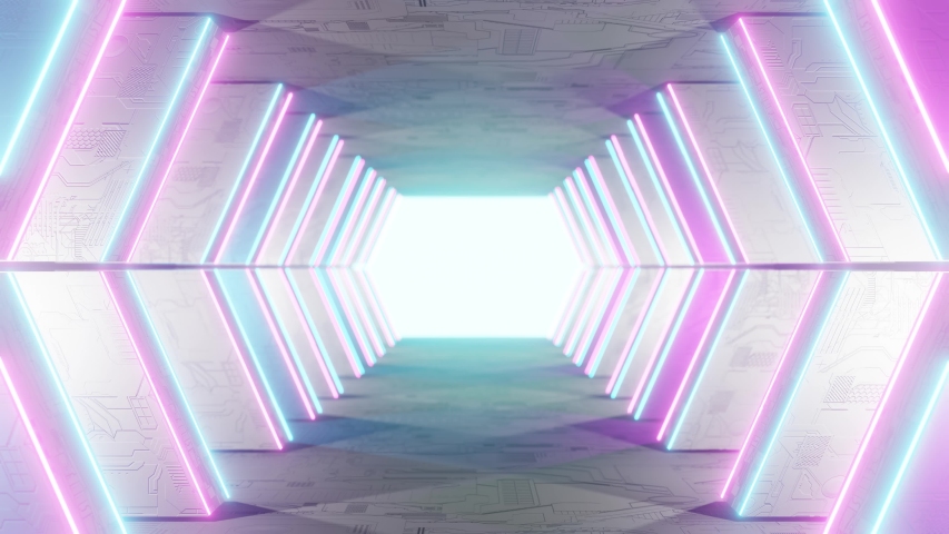 Sci-fi tunnel and digital HEX data. Futuristic interior corridor. 3D render seamless loop ...