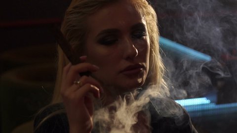 Closeup Girl Smoking Cigar She Blows Stock Footage Video (100% Royalty ...