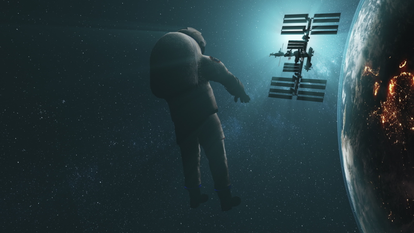 realistic spaceman fly revolving iss sun Stock Footage Video (100% ...
