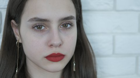 Portrait Sad Girl Red Lips Stock Footage Video (100% Royalty-free ...