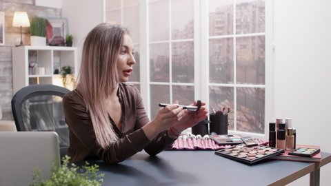 Famous Beauty Influencer Presenting Brush Makeup Stock Footage Video ...