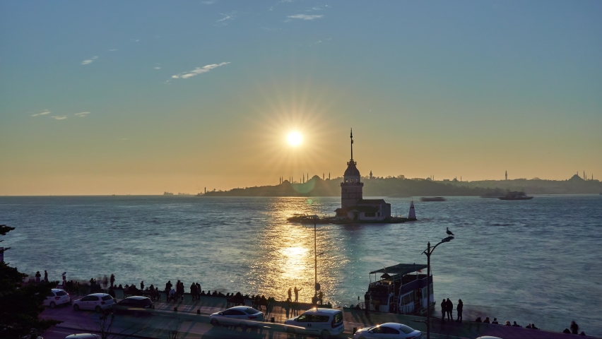 sun setting down behind landmarks istanbul Stock Footage Video (100% ...