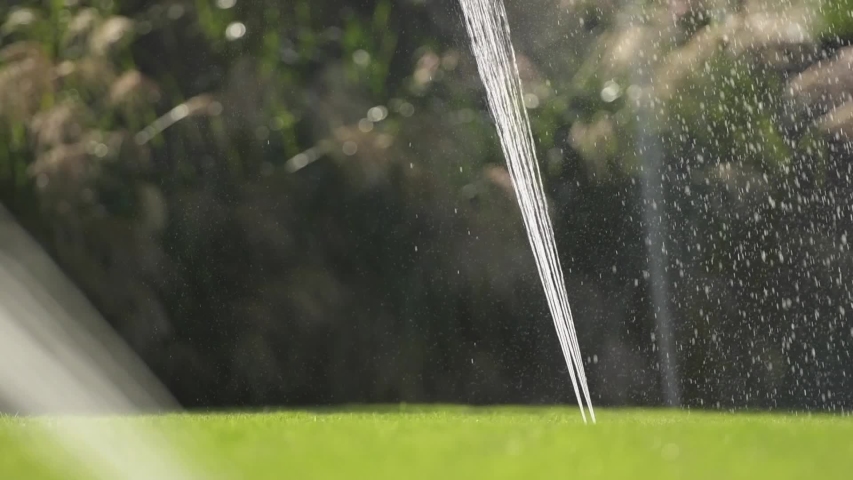 slow motion backyard lawn watering using Stock Footage Video (100% ...