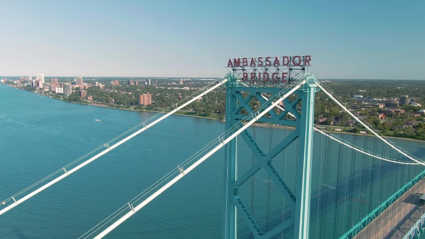 Aerial: Ambassador Bridge That Spans Stock Footage Video (100% Royalty ...
