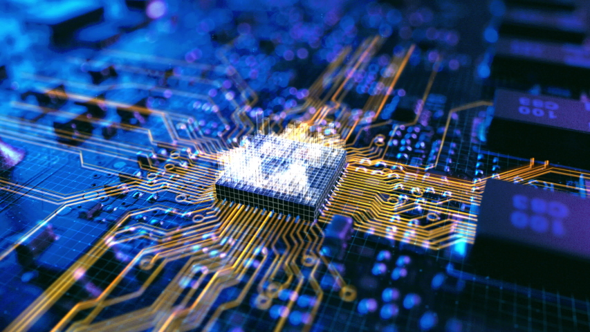 Central Processing Unit. Futuristic Animation Inside Computer Motherboard. Hi Tech GPU CPU Micro ...