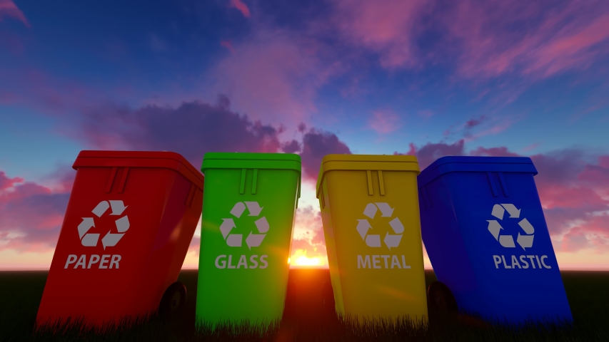 Plastic garbage bins with waste type label and recycle logo are the ...