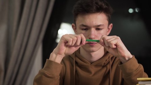 Portrait Young Caucasian Boy Breaking Pencil Stock Footage Video (100% ...