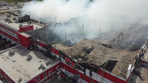 Burning Industrial Building Smoke Collapsed Roof Stock Footage Video ...