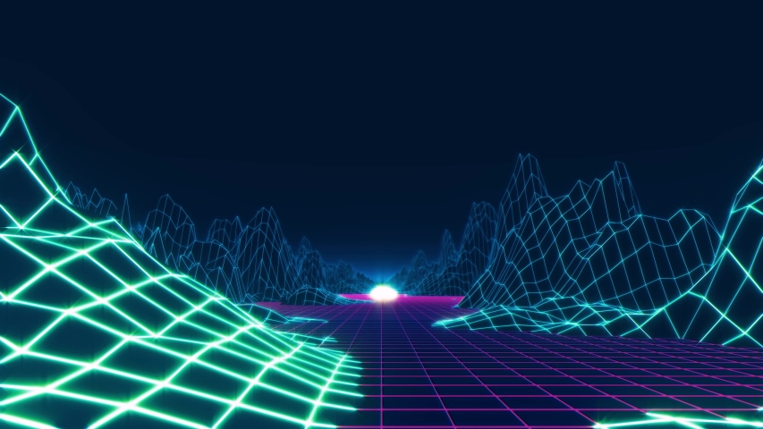 80s retro futuristic sci-fi seamless loop. Retrowave VJ videogame landscape, neon lights and low ...