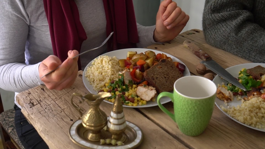 happy authentic muslim family eating lunch Stock Footage Video (100% ...